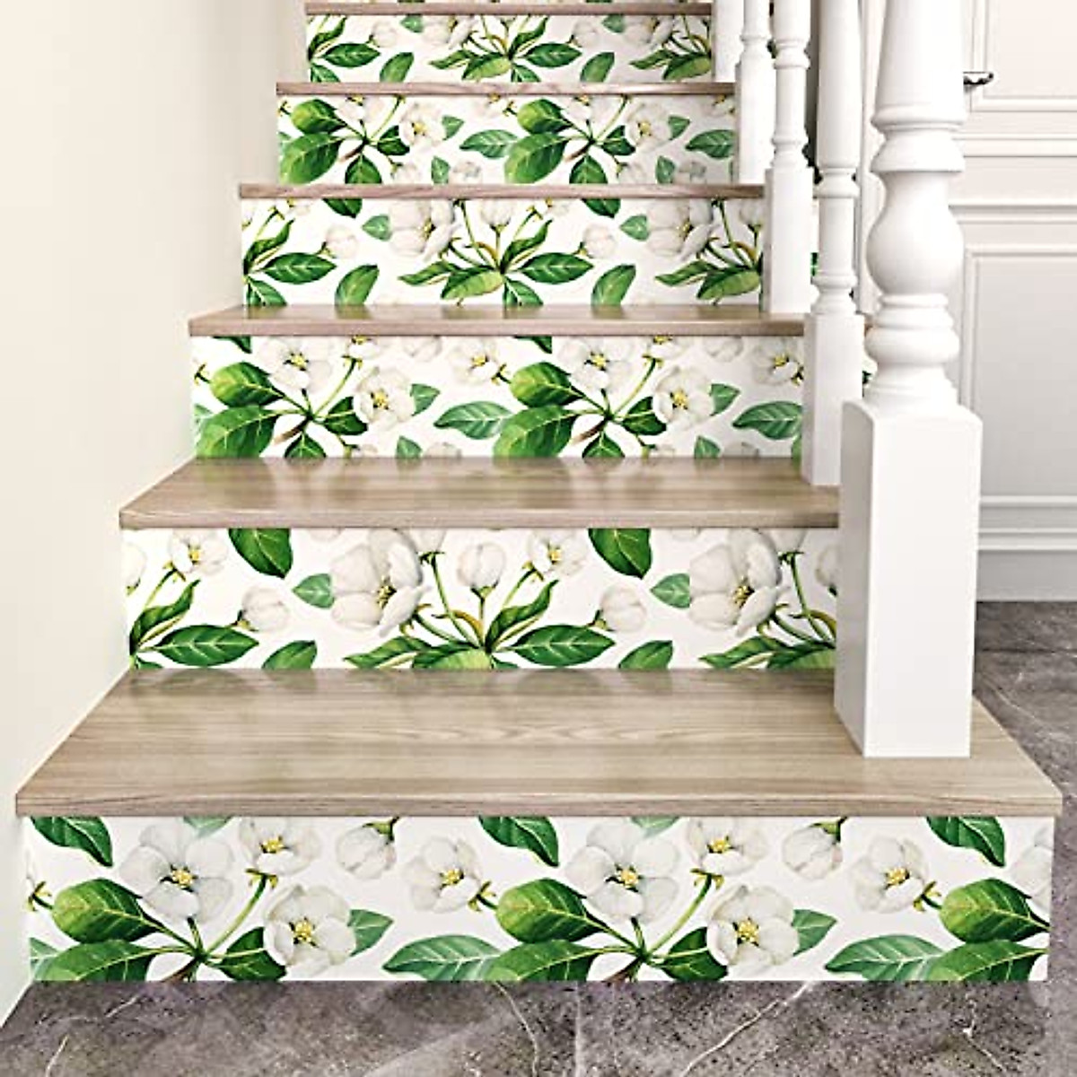 STICKEEP White Floral Peel and Stick Wallpaper Green Leaf Wallpaper 24” x 118” Removable Floral Contact Paper Peel and Stick Flower Wall Paper Vinyl Roll Wallpaper for Bedroom Walls Cabinets Shelves