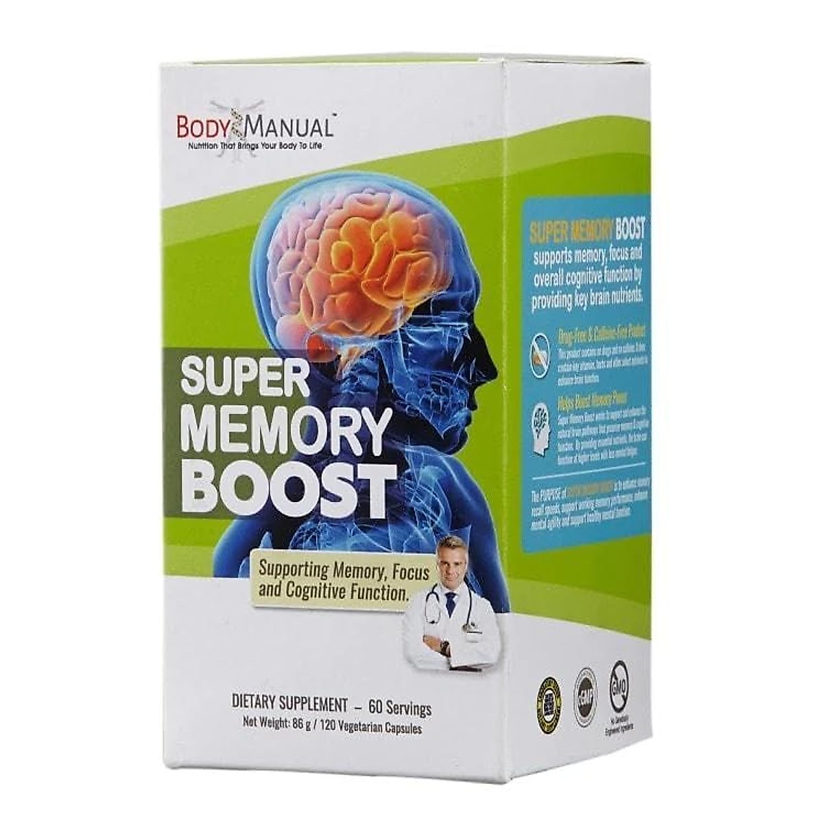 Body Manual Super Memory Boost | Enhances Brain Function & Memory | Turmeric & Pterostilbene to Reduce Inflammation | Ginkgo Biloba, Vitamin D, B5, B12, Folate (60 Serving)