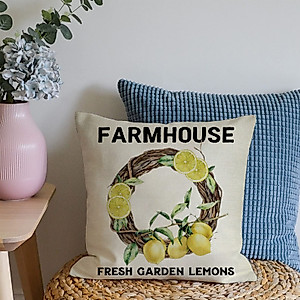 Softxpp Fresh Garden Lemons Wreath Decorative Farmhouse Throw Pillow Cover, Spring Summer Cushion Case Cotton Linen, Seasonal Home Decorations Square Outside Pillowcase Decor Sign for Sofa Couch 18x18