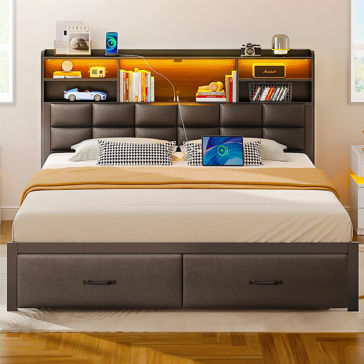 Rolanstar Bed Frame Full Size with Drawers and Charging Station, Upholstered Platform Bed with Storage Headboard and LED Light, Heavy Duty Metal Frame Support, No Box Spring Needed, Noise Free, Black