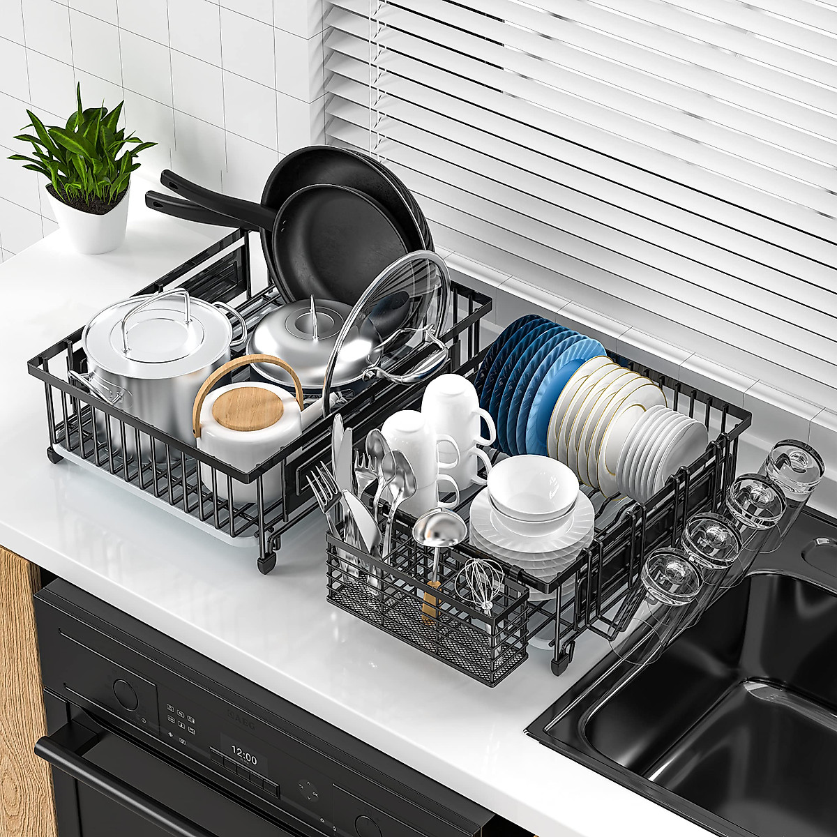 Cisily 2 Pack Dish Drying Rack, Extra Large Dish Rack Kitchen Counter - Countertop, Black Metal Dish Drainer with Drainboard, Sink - Dishes Racks Organizer Set & Home Organization Household Essentials