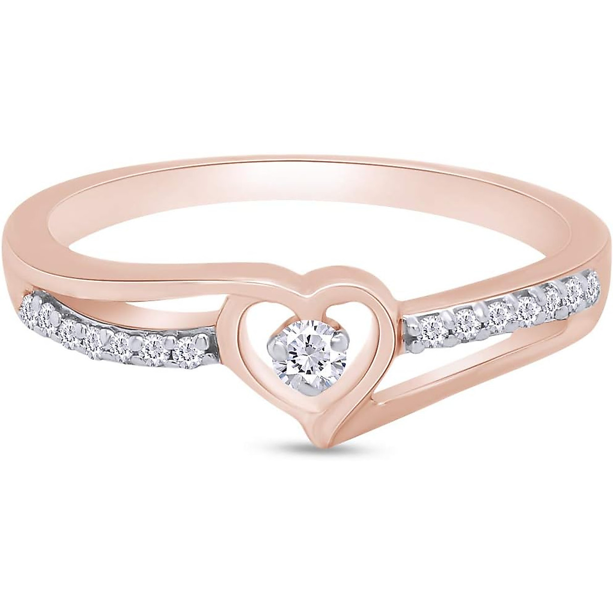 AFFY Round Cut Natural White Diamond Split Shank Heart Promise Bypass Engagement Ring In 14k Gold Over Sterling Silver (0.10 cttw, Color- I-J, Clarity- I2-I3) Gift For Her