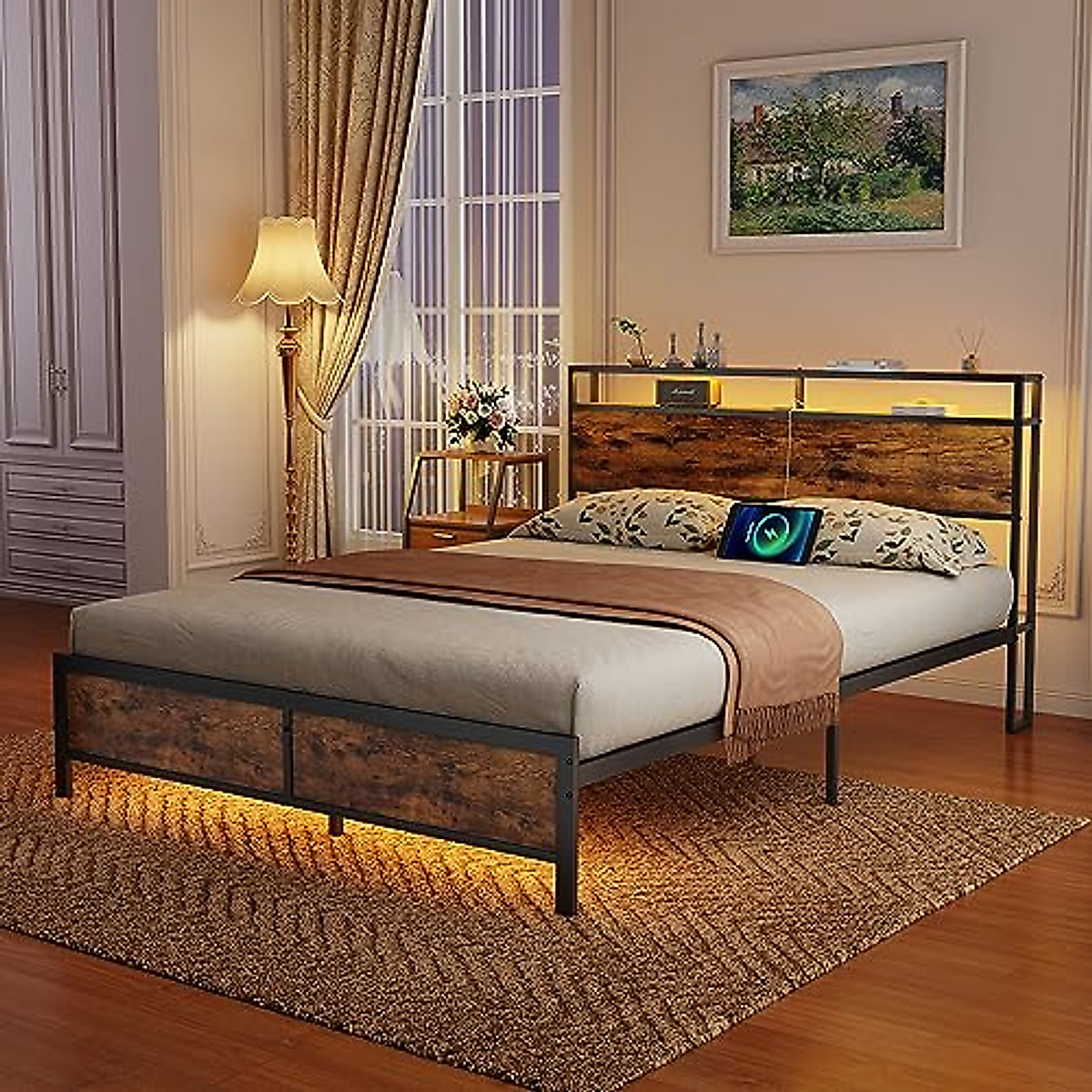 AnwickNomo Queen Size Bed Frame with Built-in LED Lights & USB Ports, Elegant Noise-Free Design, Platform Bed with Storage Headboard, Mattress Base, No Box Spring Required (Queen)
