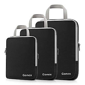 Gonex Compression Packing Cubes,3pcs L+M+S Expandable StorageTravel Bags Luggage Organizers(Black)