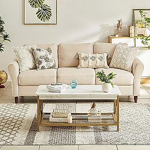 VECELO Coffee Table with Storage Shelf for Living Room,Industrial Style,Easy Assembly, Gold