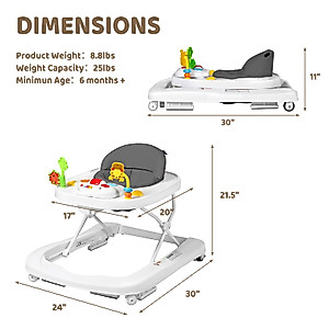 TODEFULL Foldable Baby Walker, 3 in 1 Baby Activity Center for Boys Girls, Toddler Walker w/Adjustable Height Speed, Learning-Seated & Walk-Behind, Infant Walker for 6-12 Months, Music Toys, Grey