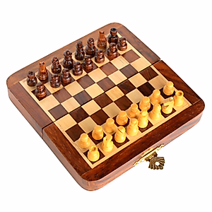 StonKraft - 7" x 7" - Wooden Travel Folding Small Chess Game Board Set + Wooden Magnetic Crafted Pieces