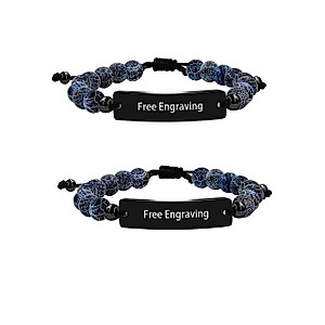 2 Pieces Handmade Custom Name ID Bracelet for Men Women, Weathered Agate Stone Bracelet Personalized Black Stainless Steel Identity Bracelet Y1435