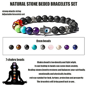 BOMAIL 2-9pcs Evil Eye Bracelet Set Hamsa 7 Chakra Gemstone Lava Stone Bracelets Blue Evil Eye Hamsa Charm Bead Bracelets for Men Women Hand of Fatima Bracelet