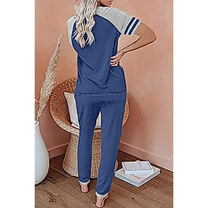 PRETTYGARDEN Short Sleeve Jogger Sets for Women 2 Piece Color Block Casual Tops and Long Pants Track Suit Matching Pajama Set(Z-Grey Blue,Large)
