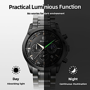 BY BENYAR Men's Watches Analog Quartz Chronograph Waterproof Stainless Steel Wrist Watches for Men Business Work Casual Sport Black Mens Dress Watch Unique Elegant Gifts for Men