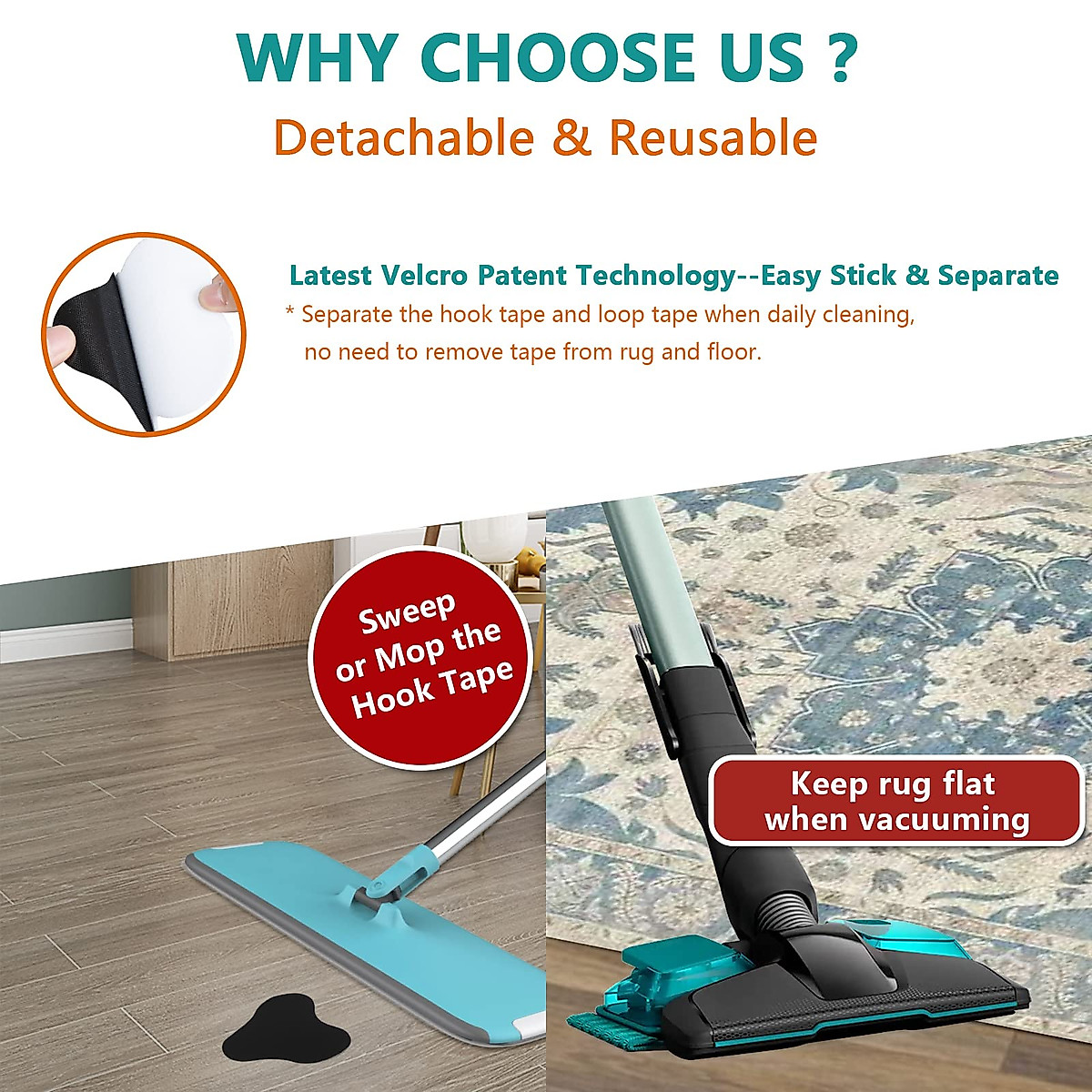 Large Size Grippers, Non Slip Washable Rug Tape Grip Carpet Corner, Hook and Loop Pads Non Curl Reusable Stoppers Keep Your Area Rug Flat on Hardwood Floors and Tiles (16)