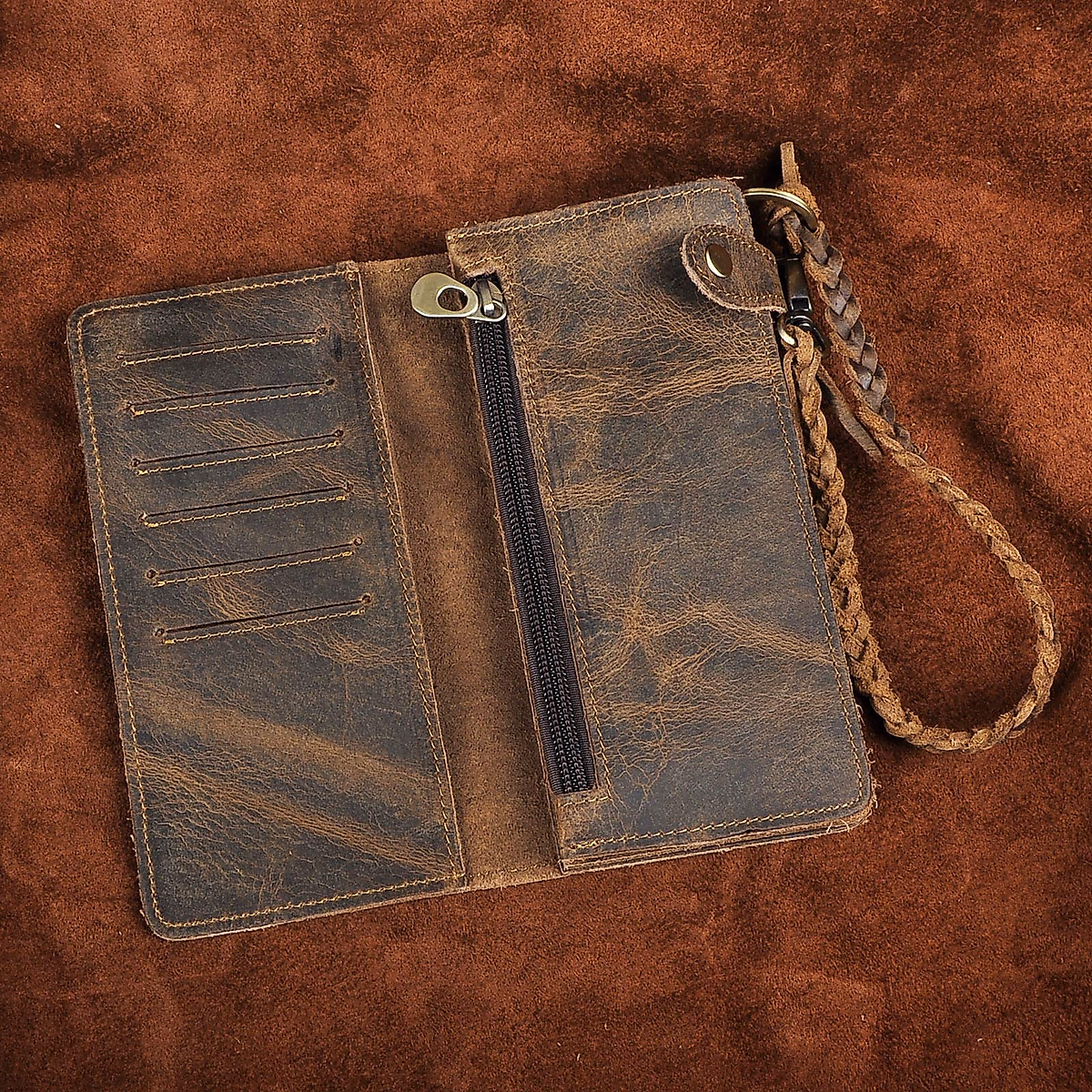 Le'aokuu Mens Genuine Leather Bifold Wallet Organizer Checkbook Removable Chain Wallet 3377