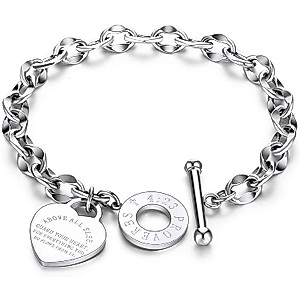 ALEXTINA Dainty Stainless Steel Heart Charm Bracelets Oval Link Chain Bracelet Gifts for Mom Women Teen Girls Toggle Clasp, Silver 7.5"