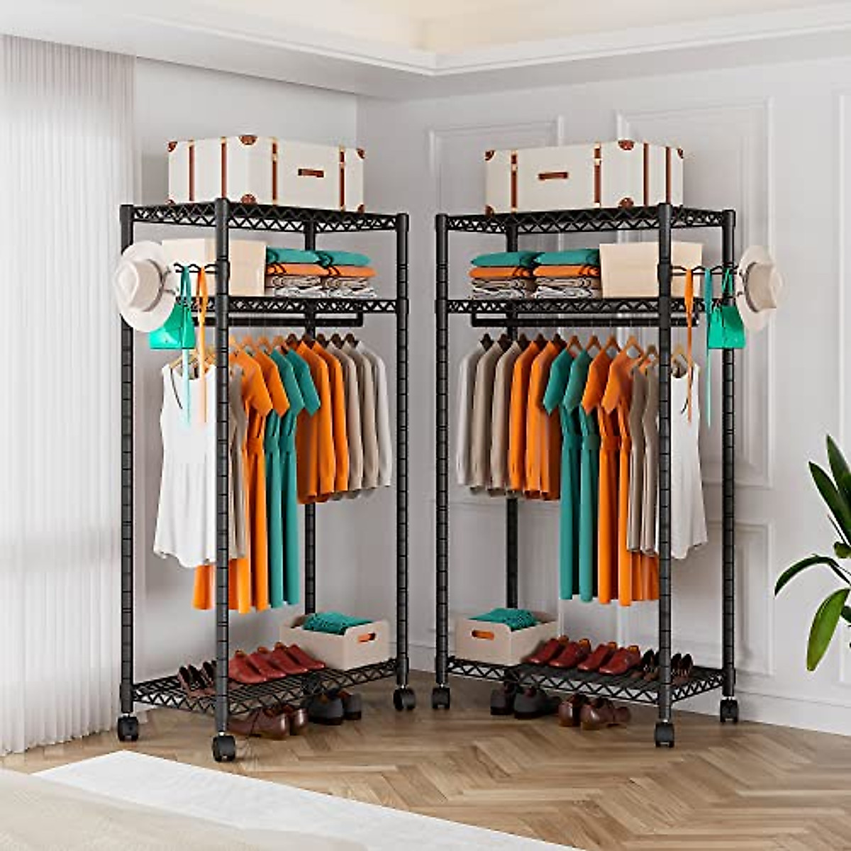 PUNION Heavy Duty Rolling Garment Rack,Portable Clothes Rack for Hanging Clothes,Clothing Rack,Wardrobe Storage Rack with 3 Shelves,1 Hang Rod,1 Side Hook,36" Lx18 Wx71 H, Max Load 500LBS, Black,GR1