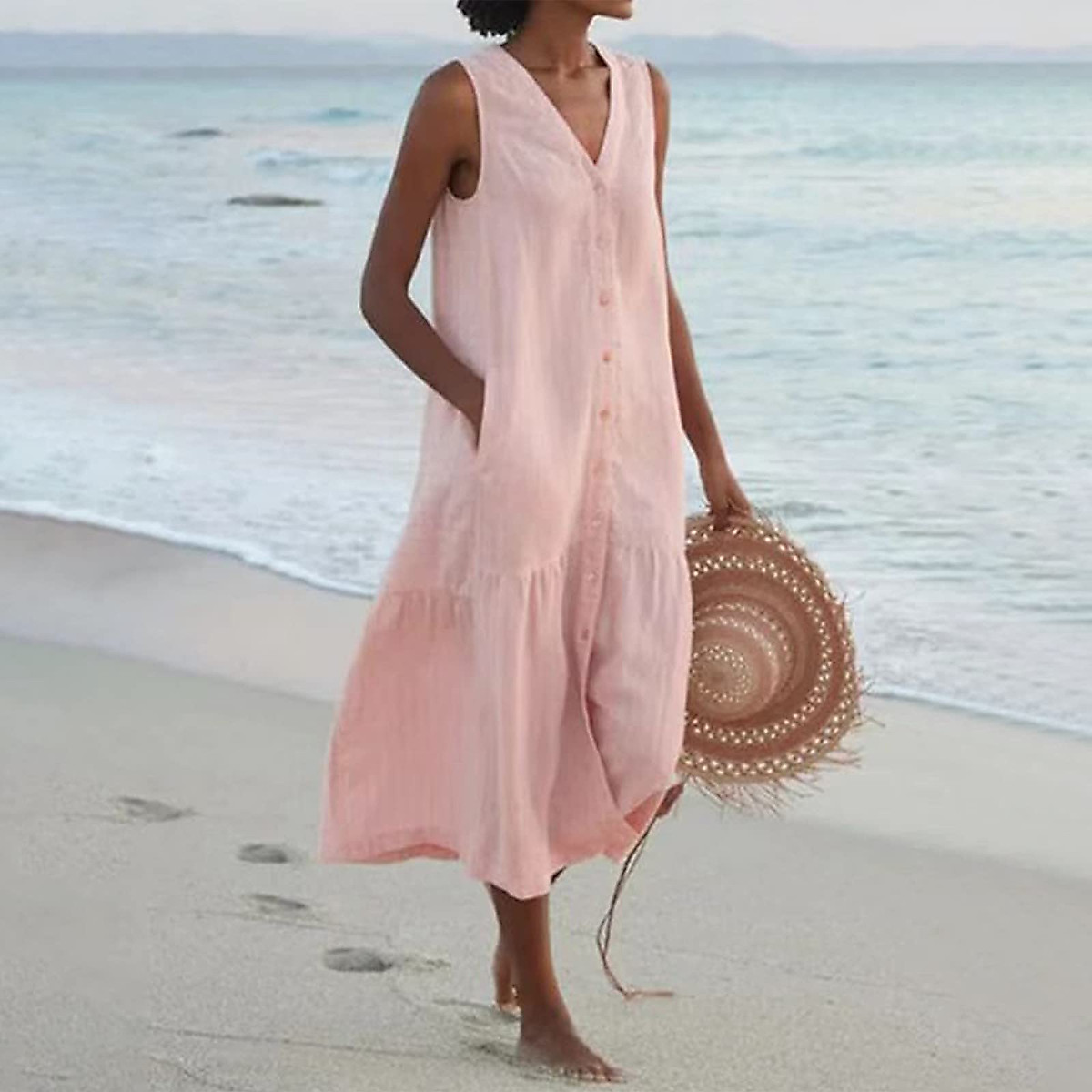 Women Summer Cotton Linen Dress Sleeveless Button Up V-Neck Loose Long Dress with Pockets Vacation Long Dress