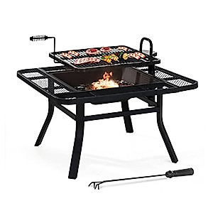 Sunjoy 38 in. Fire Pit for Outside, Square Wood Burning Firepit Large Steel Fire Pits with Adjustable Cooking Swivel BBQ Grill and Fire Poker Black