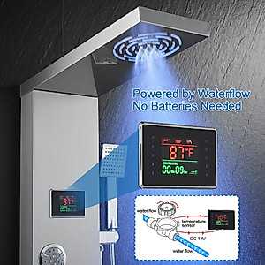 OUGOO Shower Panel System with LED Lights Rainfall Mist Shower, Body Jets, Handheld and Tub Spout, Shower Tower Column with Temp Display No Battery Needed, 304 Stainless Steel Brushed