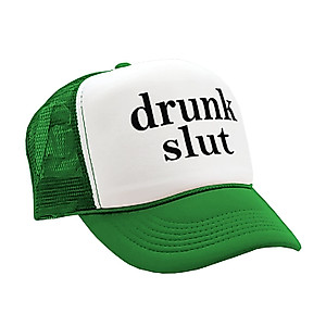 Drunk Slut - Party frat College Beer Drink - Vintage Retro Style Trucker Cap Hat (Green)