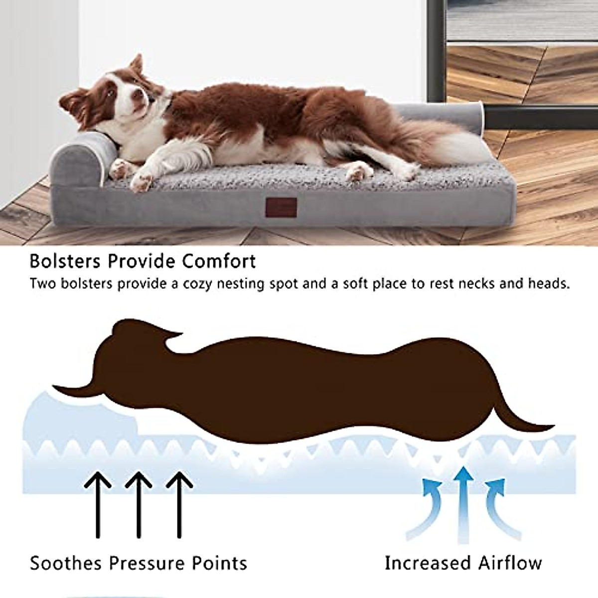 WESTERN HOME Large Orthopedic Dog Beds Sofa - Large/Extra Large Dogs Beds, Eggs Crate Foam Couch Large Pet Bed with Waterproof Washable Cover, Faux Fur Velvet Sofa Dog Bed, Grey