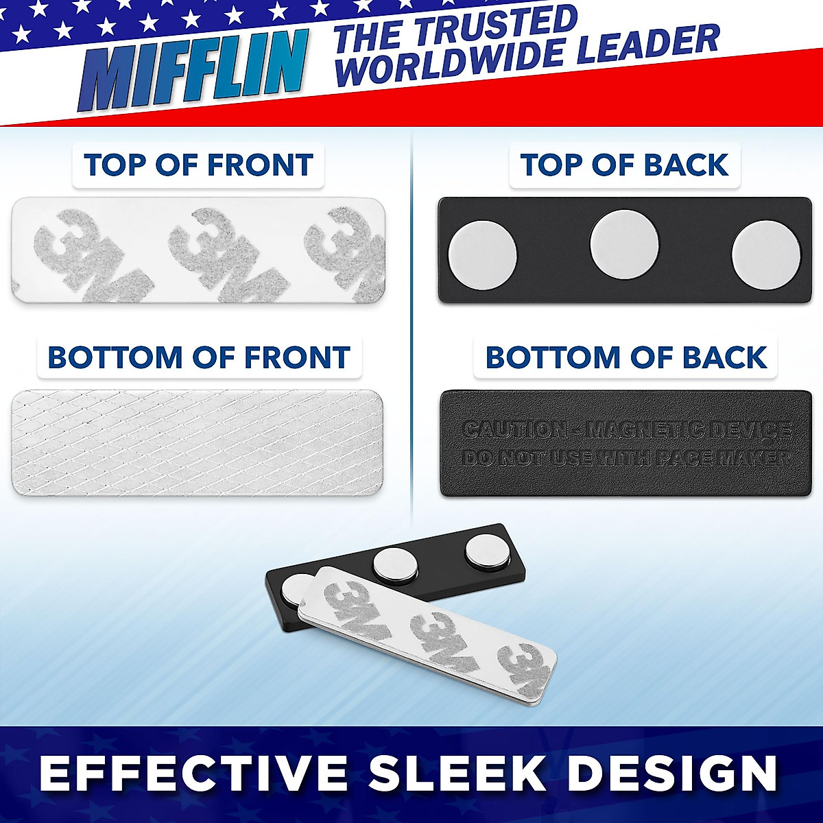 Mifflin-USA Name Tag Magnets (10 Badge Holder Magnets, 1.75 x 0.5 inches), Name Tag Magnet Backs w/ 3 Extra-Strong Neodymium Magnets for ID Badge Holders