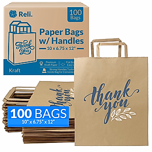 Reli. Brown Paper Bags w/Handles | 100 Pcs Bulk | 10"x6.75"x12" | Paper Thank You Bags | Printed Kraft Paper Bags, Shopping Bags, to Go Bags, Thank You Gift Bags, Wedding |25% Larger Than 10"x 5"x13"