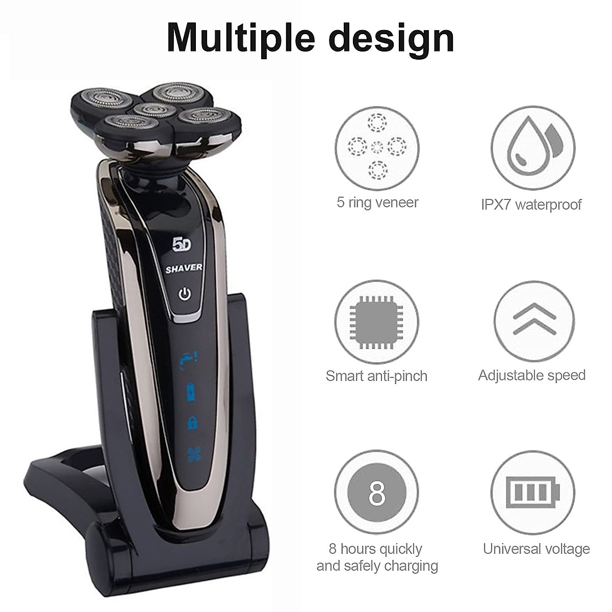 LinMei Electric Shaver 5D Rotary Razor with Pop-up Trimmer LED Display Mens Bald Head Shavers Electric Cordless Rechargeable Mens Shavers Electric Wet and Dry IPX7 Waterproof (Silver)