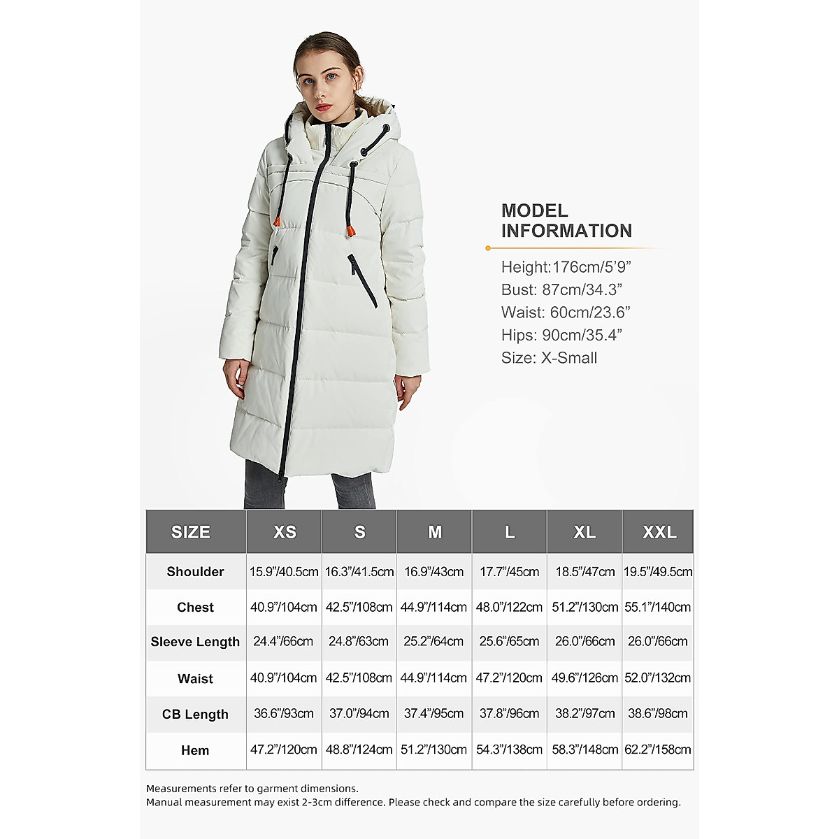 Orolay Women's Thickened Contrast Color Drawstring Down Jacket Hooded Parka Long Puffer Coat White L