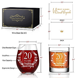 Perfectinsoy 20 Years Happy Anniversary Whiskey Glass and Stemless Wine Glass Gift Set, 20th Anniversary Wedding Gift For Mom, Dad, Soulmate, Couple, 20 Years Gifts, Happy 20th Anniversary