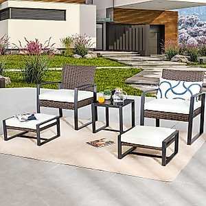 LOKATSE HOME Patio Conversation Set 5 Pieces Outdoor PE Wicker Rattan Sofa Furniture Cushioned Chairs and Ottomans with Tempered Glass Coffee Table, White