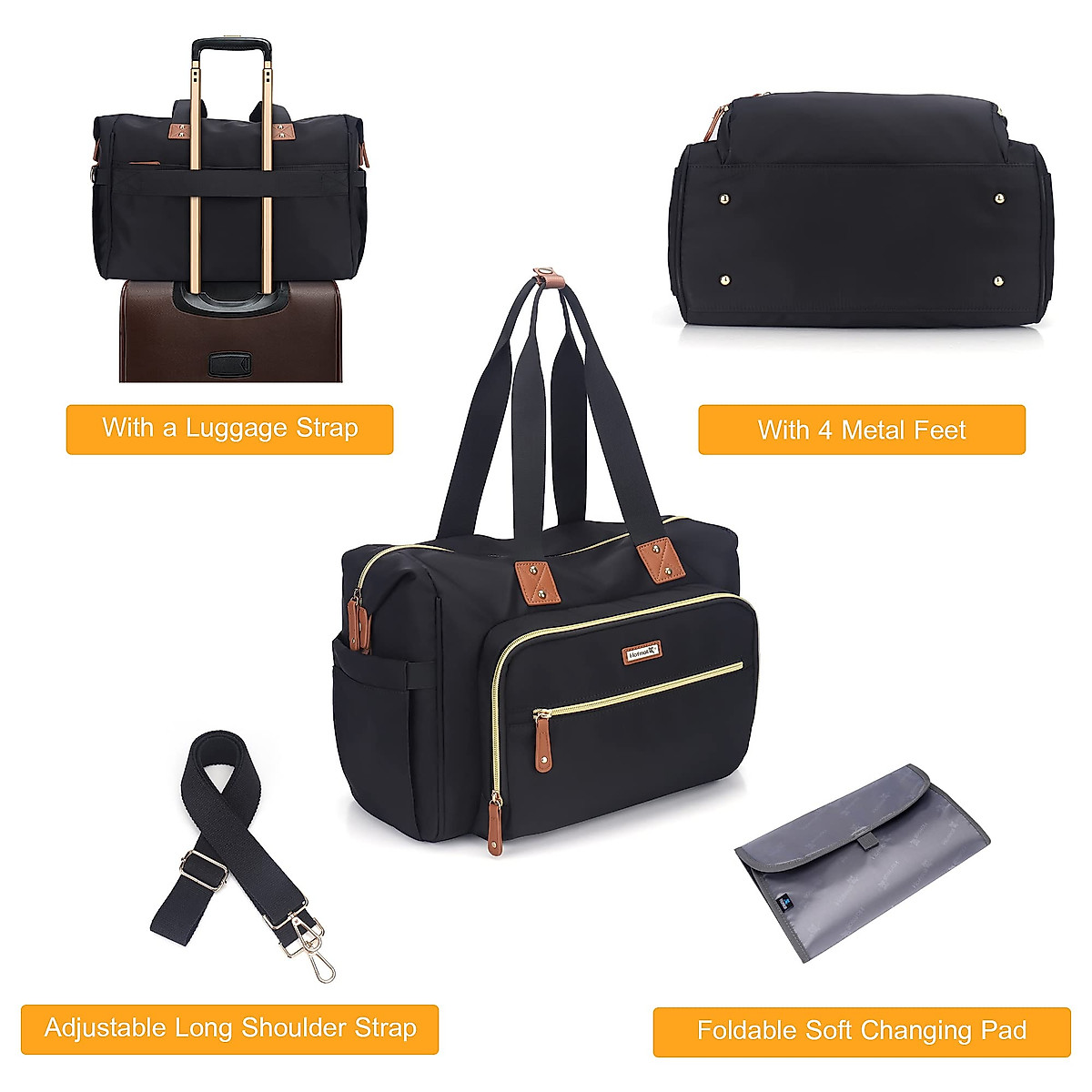 Hafmall Diaper Bag Tote with Changing Pad, Multifunctional Stylish Mommy Bag, Large Diaper Messenger Bag for Mom and Dad, Black