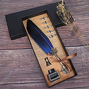 Tyenaza Feather Pen, Vintage Fountain Writing Pen, Calligraphy Pen Set, Quill Pen Writing Ink Set Stationery Gift Box with 5 Nibs for Stationery Teachers Classmates Gift (Blue)
