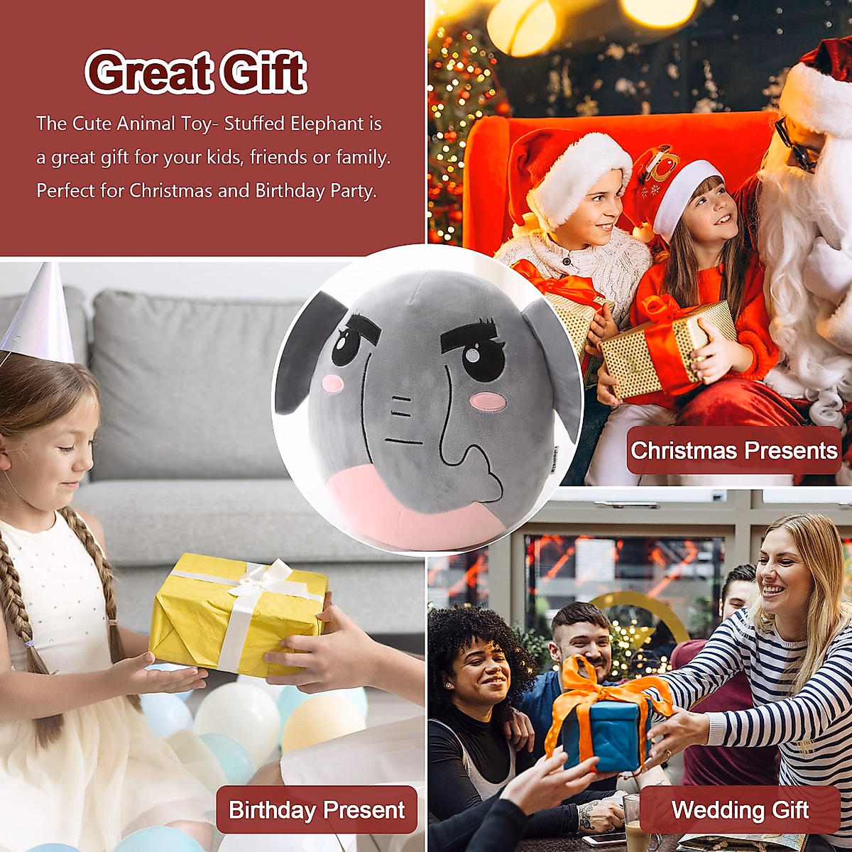 Jemsia Stuffed Elephant Animal Squishy Plush Toy for Kids,Plushie Elephant Animal Shaped Lumbar Back Cushion 12in Boys Girls Gift for Christmas Birthday Valentine's Day