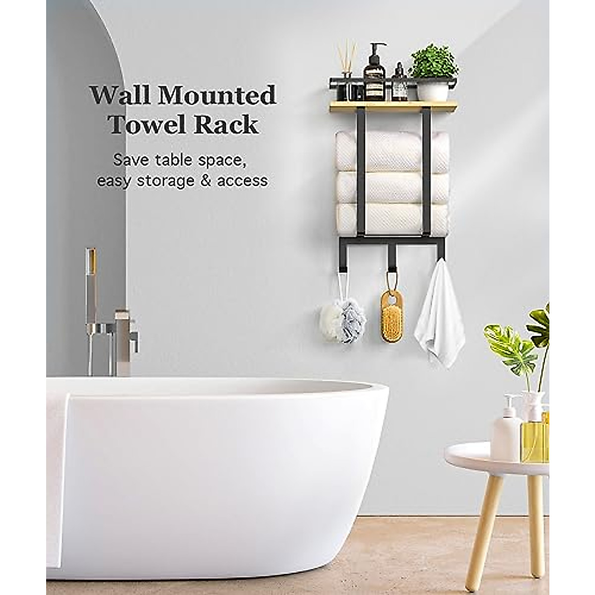 Luxspire Towel Racks Wall Mounted for Bathroom, Towel Holder Wall Mounted with Wooden Floating Shelf & 3 Metal Hooks, Rolled Bath Towel and Hand Towel Rack for Bathroom, Black + Wooden