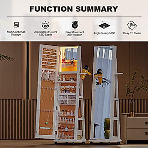 HNEBC 360° Swivel Jewelry Armoire with Mirror, LED Mirror Jewelry Cabinet Standing, Full Length Mirror with Jewelry Storage, Standing Jewelry Organizer/Lockable Wheels/Foldable Makeup Shelf (White)