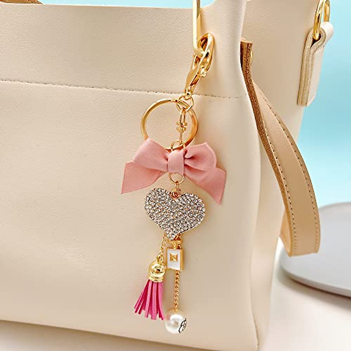 SWJEWEL Rhinestone Heart Keychain for Women Pink Bowknot Tassel Cute Car Key Ring Accessories Girl Bag Charms Handbag Purse Backpack Pendant Charms (Pink)