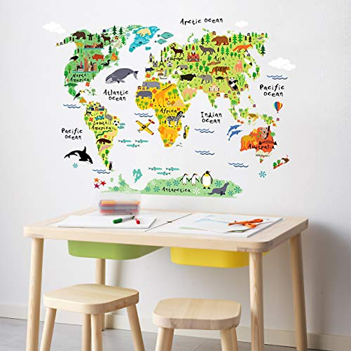 HomeEvolution Large Kids Educational Animal Landmarks World Map Peel & Stick Wall Decals Stickers Home Decor Art for Nursery