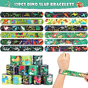 Moltby 48Pcs Dinosaur Party Favors - Dino Tote Non-woven Goodie Bags Dinosaur Keychain Slap Bracelets Stress Relief Toys for Kids Boys, Dinosaur Themed Party Supplies for Kids Birthday