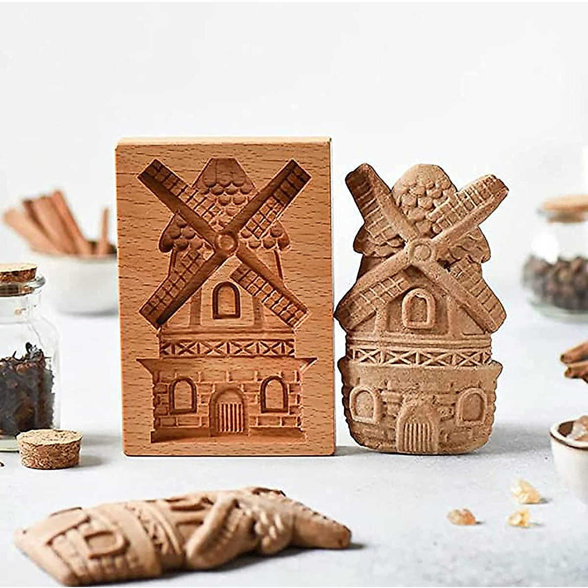 Carved Wooden Cookie Mold Kitchen Cookie Cutter Gingerbread Cookie Stamp Biscuit Press Stamp Molds Pine Cones Provence Rose Cookie Cutter for Cookie Stamp (Windmills)