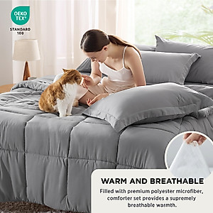 Bedsure Grey Comforter Set Queen - 7 Pieces Solid Bed in a Bag, Queen Bed Set with Comforter, Sheets, Pillowcases & Shams