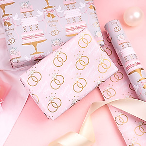 WRAPAHOLIC Reversible Wedding Wrapping Paper Roll - Mini Roll - 17 Inch X 33 Feet - Wedding Day Cake Floral and Ring Design, Perfect for Wedding, Bridal Shower