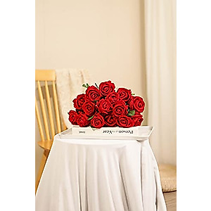 Luyue 10 Pack Artificial Velvet Roses Fake Red Rose Silk Flowers with Stem Floral Gift for Wedding Arrangement Party Home Decor-Red