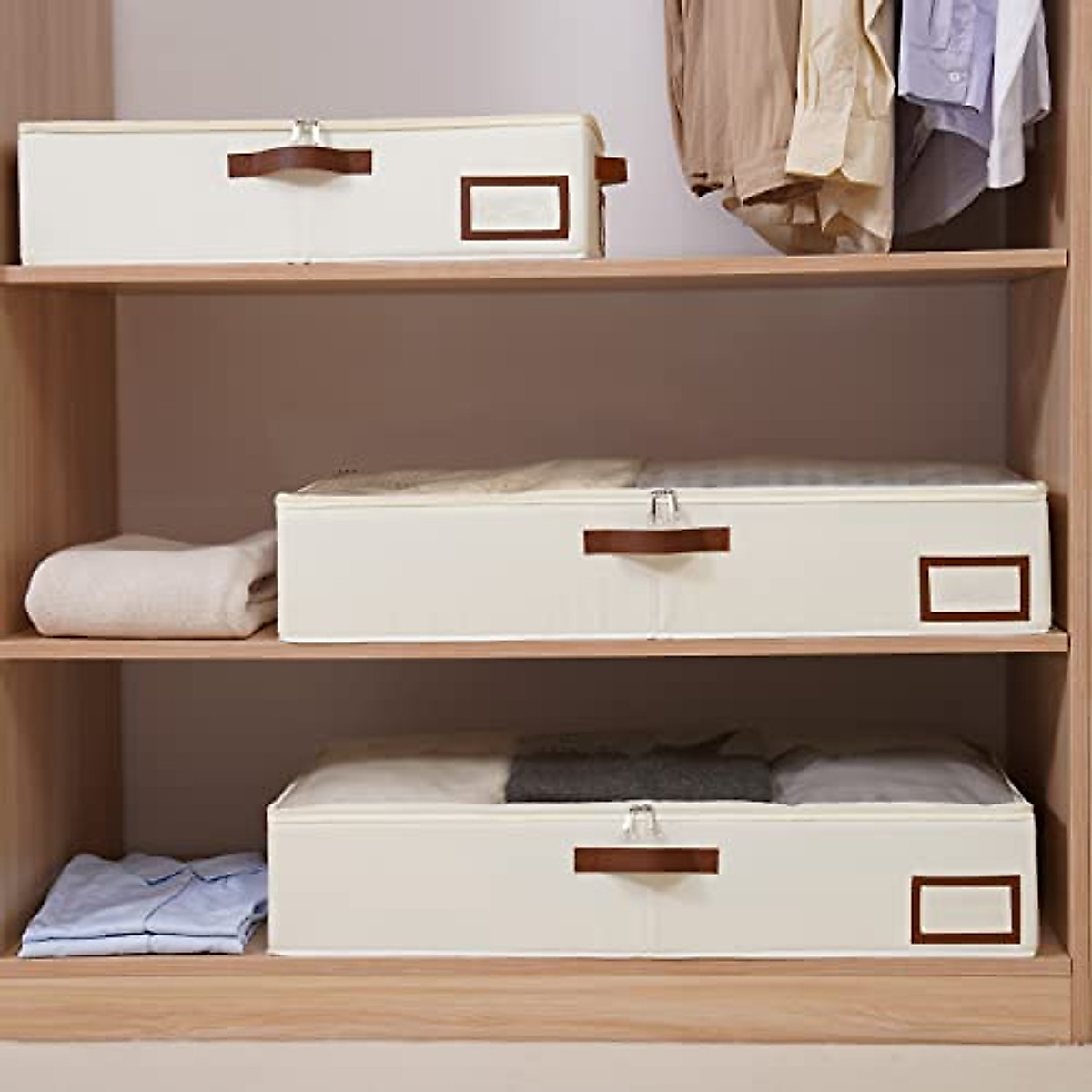 Yawinhe Under Bed Storage Containers, 2 Pack Under Bed Clothes Organizer with Sturdy Zipper, Clear Window and Reinforced Handles, for Blanket, Comforter, Bedding, 31.5x15.7x6in, Beige SNH001BEL-2