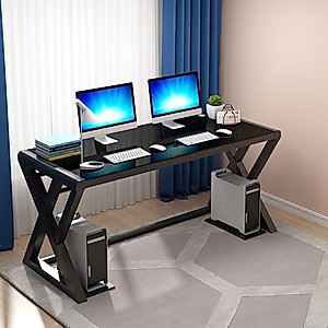 SAMERY Computer Desk Home Office Desks, 55.1 Inch Modern Simple Office Black Glass Desk Computer Table Study Gaming Writing Desk, Fashion Strength Tempered Glass Office Laptop Desk