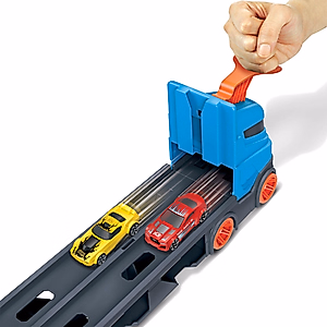 Hot Wheels Speedway Hauler Storage Carrier with 3 1:64 Scale Cars & Convertible 6-Foot Drag Race Track for Kids 4 to 8 Years Old, Stores 20+ Cars & Connects to Other City Sets, GVG37