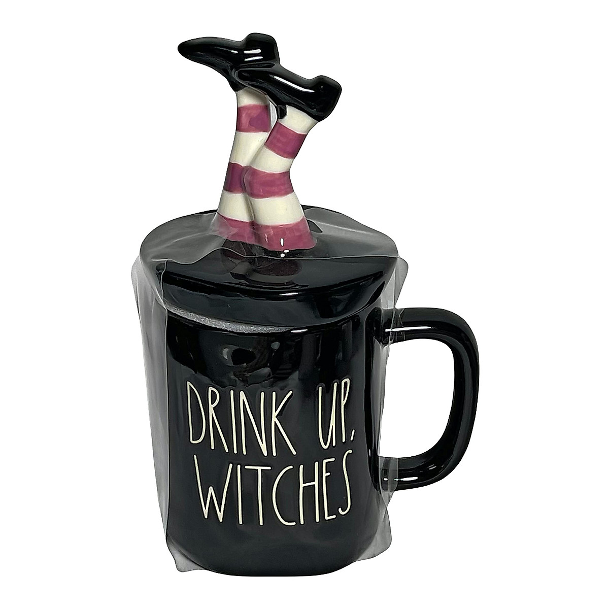 Rae Dunn Artisan Collection By Magenta Black Ceramic DRINK UP WITCHES Mug with Witch Leg Topper Lid. Ceramic 16oz.