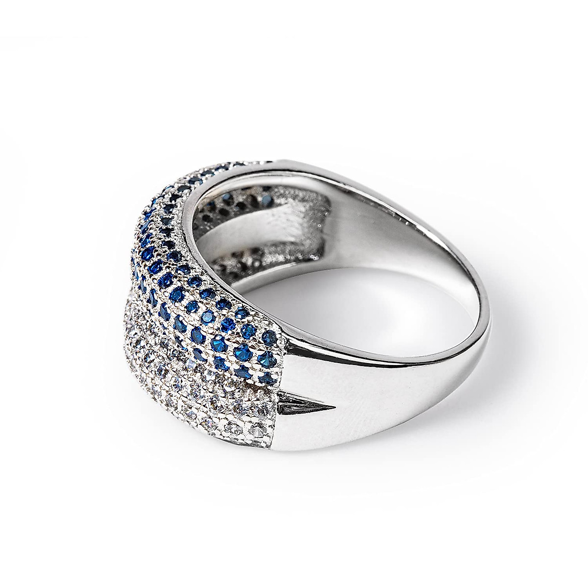 Mozume Two Tone Cubic Zirconia Eternity Rings For Women Double Row Blue Simulated Sapphire Cocktail Ring CZ Band - 14K White Gold Plated (6)