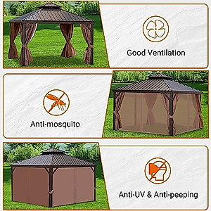 Zevemomo 12x12 ft Hardtop Gazebo, All Weather Outdoor Gazebo with 2 Tiered Steel Roof and Aluminum Frame, Permanent Gazebo with Mosquito Netting and Curtains for Deck, Patio, Backyard, Dark Brown