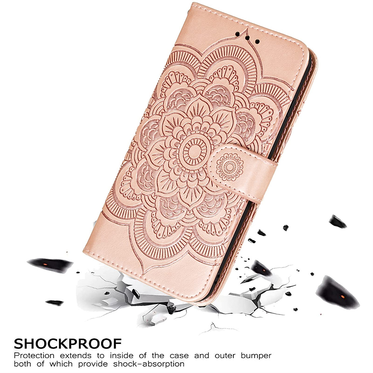 IMIRST for iPhone 15 Pro Max Case Mandala Embossed Premium PU Leather Bookstyle Magnetic Flip Wallet Case with Card Slot Stand Shockproof Cover for iPhone 15 Pro Max Mandala Rose Gold LD
