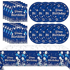 ZOIIWA Navy Blue and Silver Birthday Party Supplies Tableware Set Plates Napkins Tablecloth Serves 24 Guests Baby Shower Wedding Favors (JC0366com)